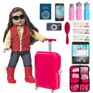 beverly hills doll collection 18 inch doll accessories play travel set - 16 pcs suitcase luggage carrier with sunglasses, passport, tickets, camera, and more, doll not included