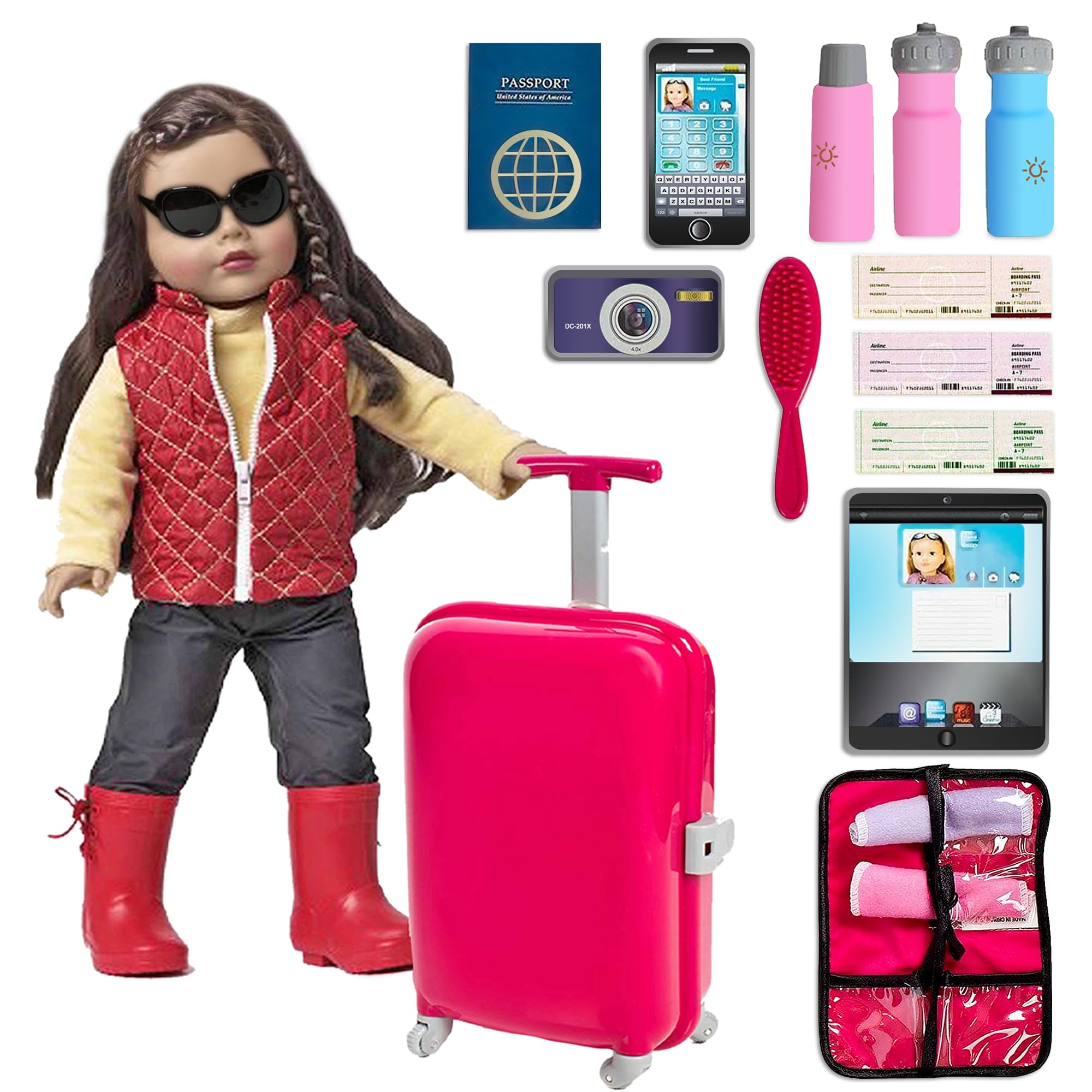 Beverly Hills Doll Collection 18 Inch Doll Accessories Play Travel Set - 16 Pcs Suitcase Luggage Carrier with Sunglasses, Passport, Tickets, Camera, and More, Doll Not Included