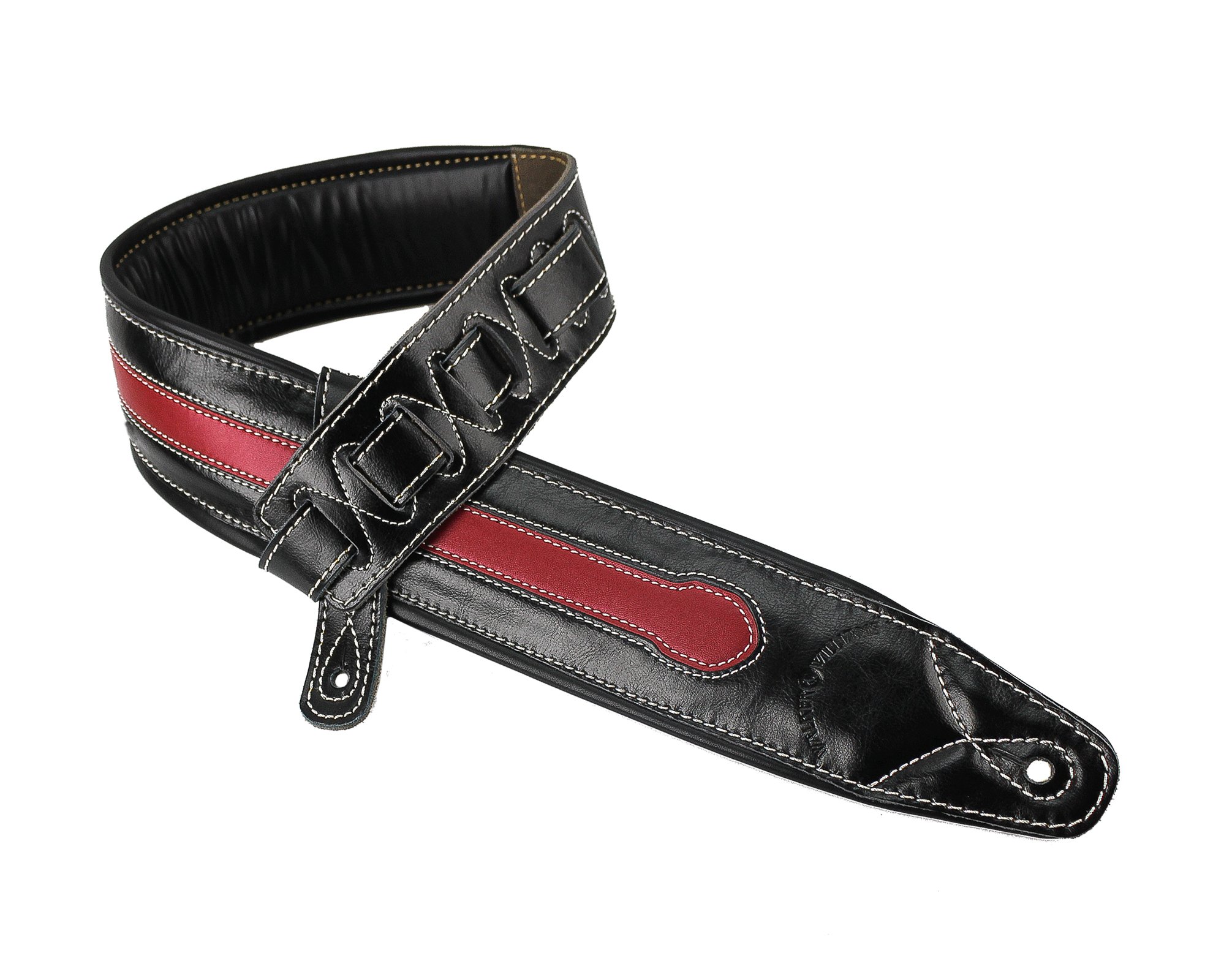 Walker & Williams C-34 Handmade Red and Black Premium Signature Grain Leather Padded Strap 3 1/4" Wide For Acoustic, Electric, And Bass Guitars