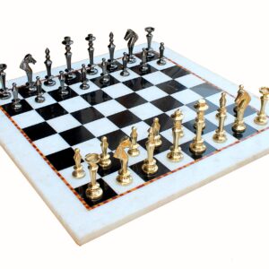 StonKraft Collectible White & Black Marble Chess Board Set + Brass Chess Pieces Pawns - Decorative Stone Chess - Home Décor - 15" Inches