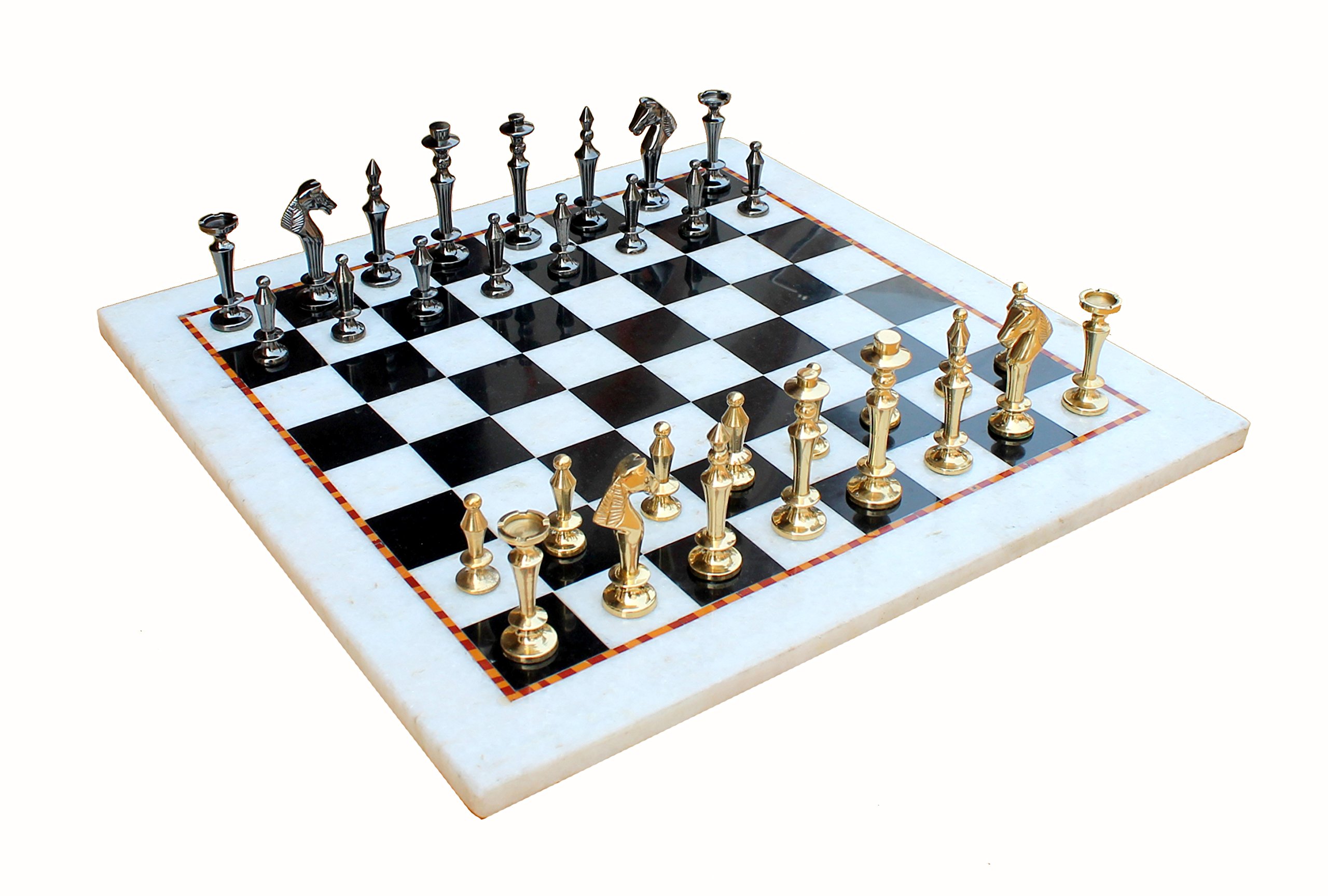 StonKraft Collectible White & Black Marble Chess Board Set + Brass Chess Pieces Pawns - Decorative Stone Chess - Home Décor - 15" Inches