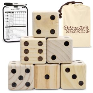 gosports giant wooden playing dice set with rollzee and farkle scoreboard - includes 6 dice, dry-erase scoreboard and canvas tote bag - choose 2.5 inch or 3.5 inch dice