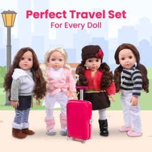 Beverly Hills Doll Collection 18 Inch Doll Accessories Play Travel Set - 16 Pcs Suitcase Luggage Carrier with Sunglasses, Passport, Tickets, Camera, and More, Doll Not Included