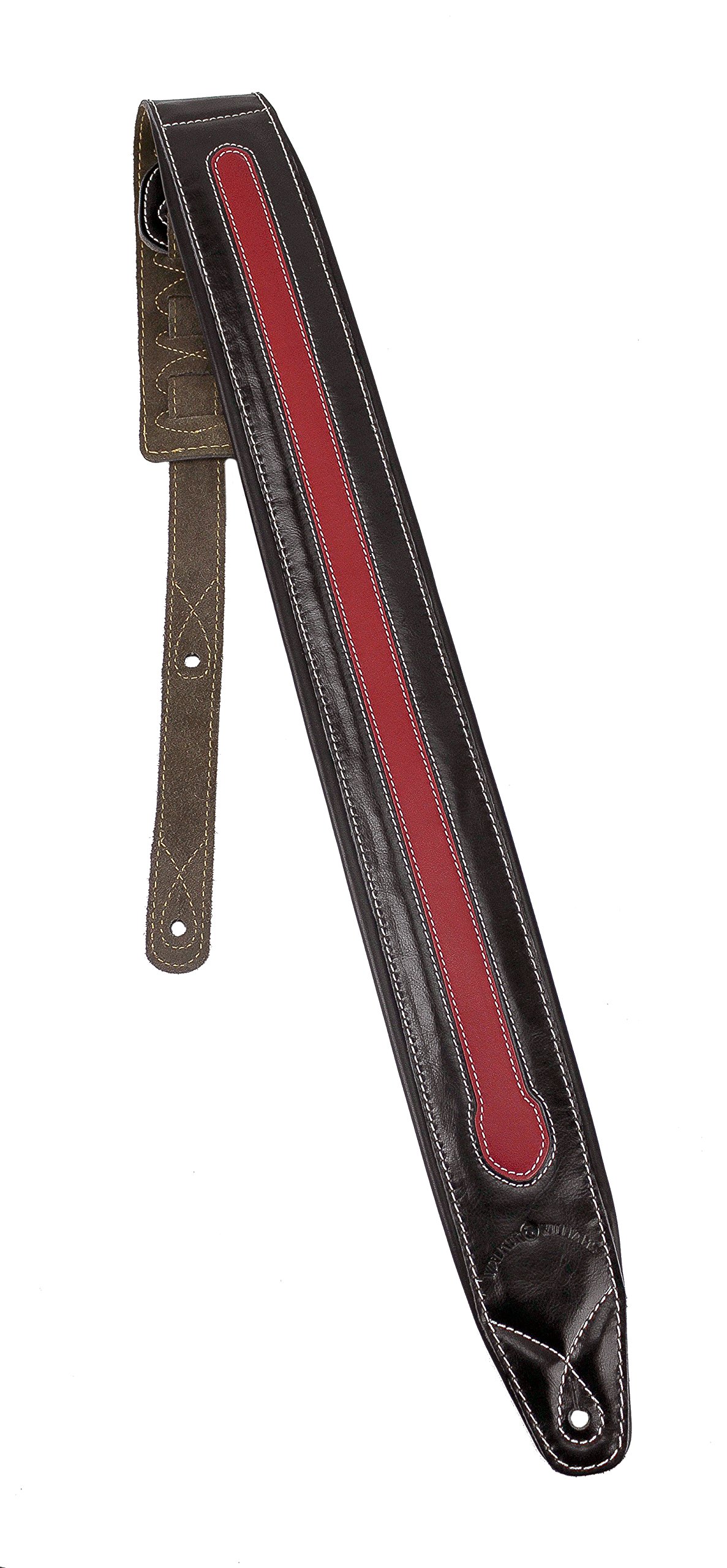 Walker & Williams C-34 Handmade Red and Black Premium Signature Grain Leather Padded Strap 3 1/4" Wide For Acoustic, Electric, And Bass Guitars