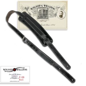 Walker & Williams C-19 Classic Black Vintage Style Rockabilly Guitar Strap Premium Signature Soft Grain Leather Extra Long For Acoustic, Electric, And Bass Guitars