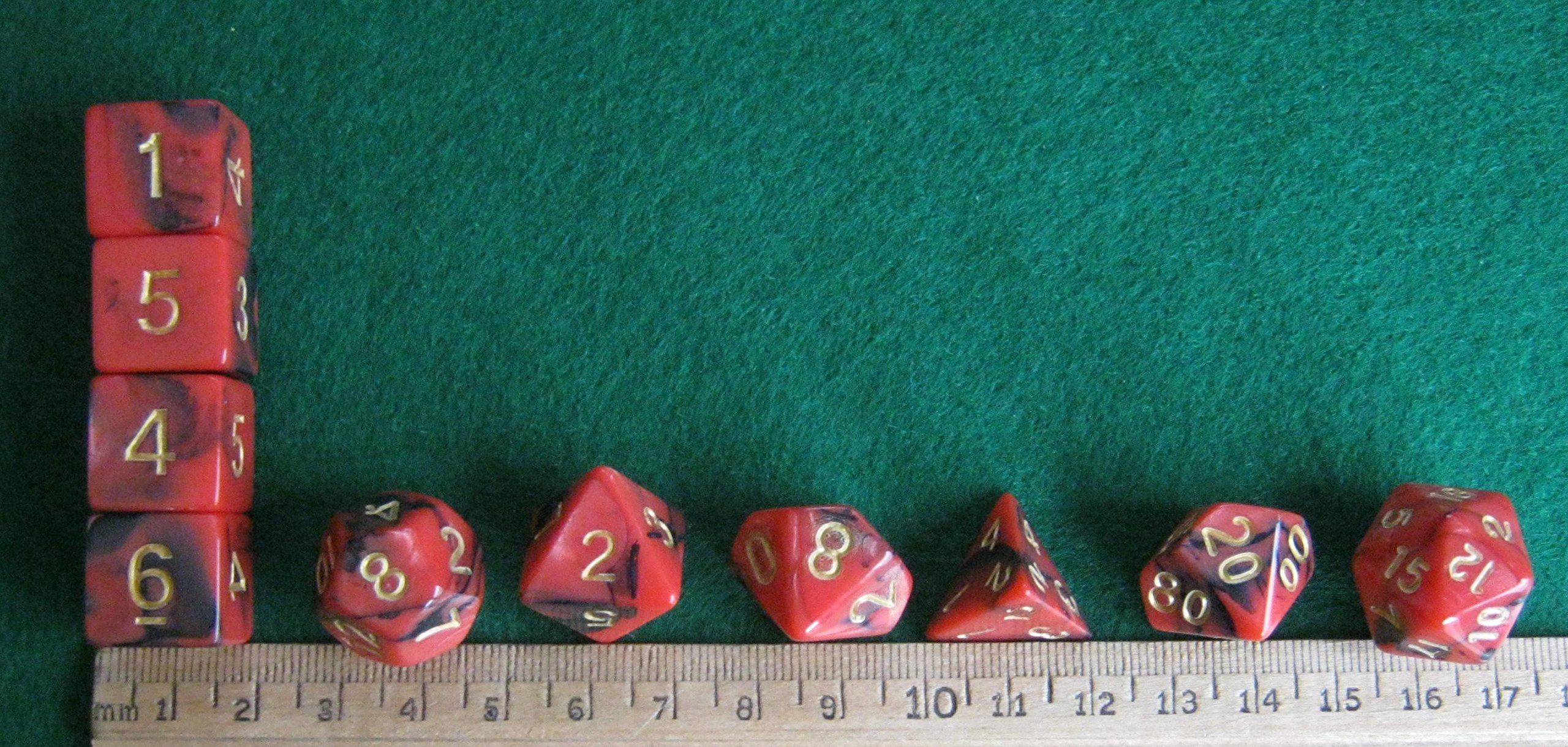 Dragon Fire (Red / Black) RPG D&D Dice Set: 7 + 3d6 = 10 polyhedral die plus bag!