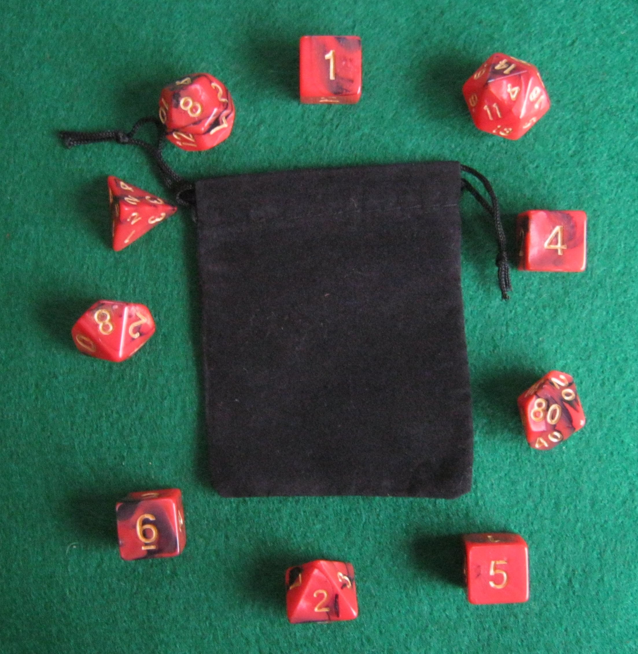 Dragon Fire (Red / Black) RPG D&D Dice Set: 7 + 3d6 = 10 polyhedral die plus bag!