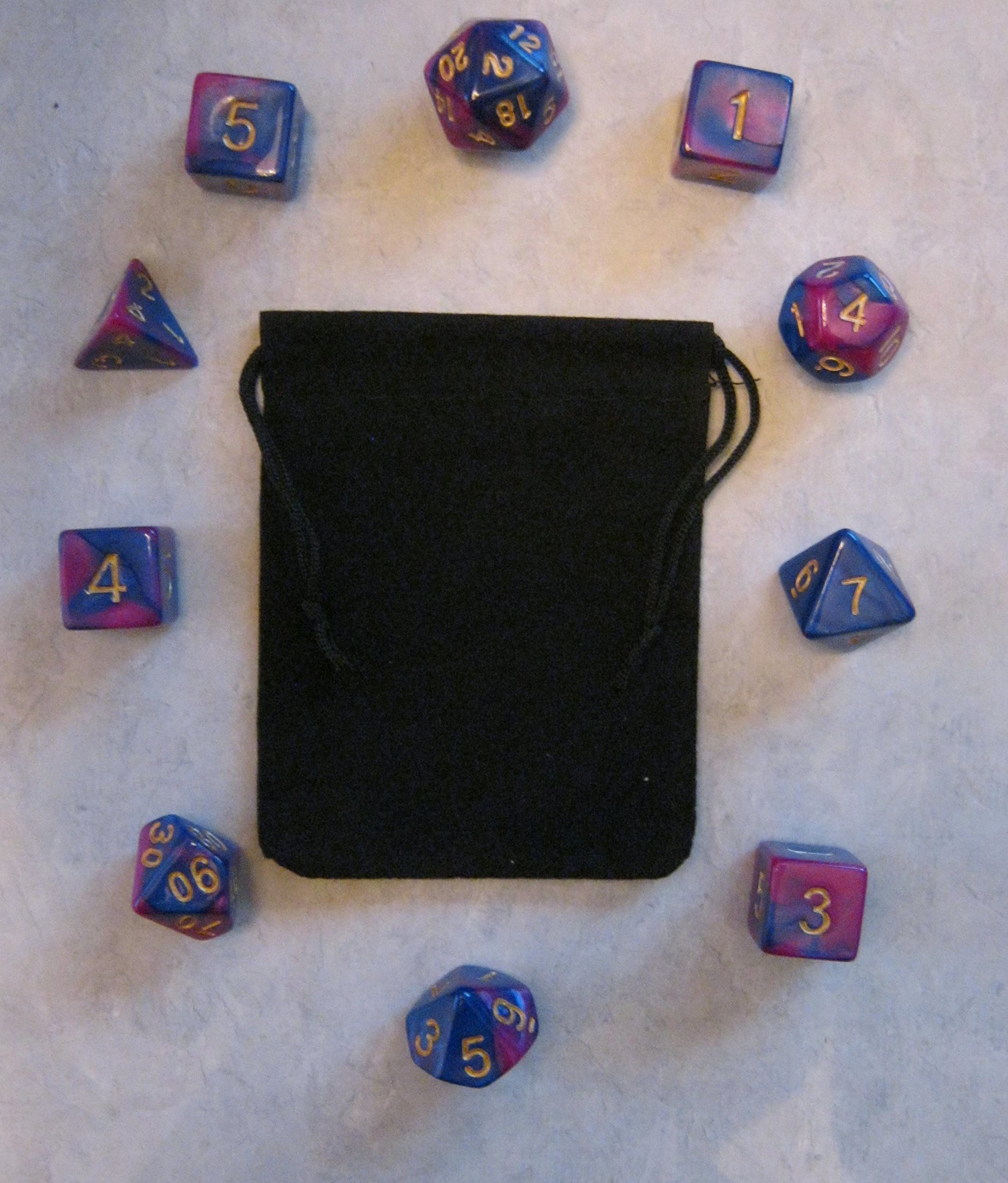 Cosmic (Purple / Blue) RPG D&D Dice Set: 7 + 3d6 = 10 polyhedral die plus bag!