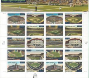 baseball's legendary playing fields (sheet of 20) 34 cent us postage stamps 2001 scott #3510-3519