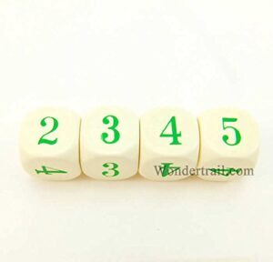 wondertrail ivory opaque dice with green numbers d6 averaging dice (2-3-3-4-4-5) 16mm (5/8in) pack of 4