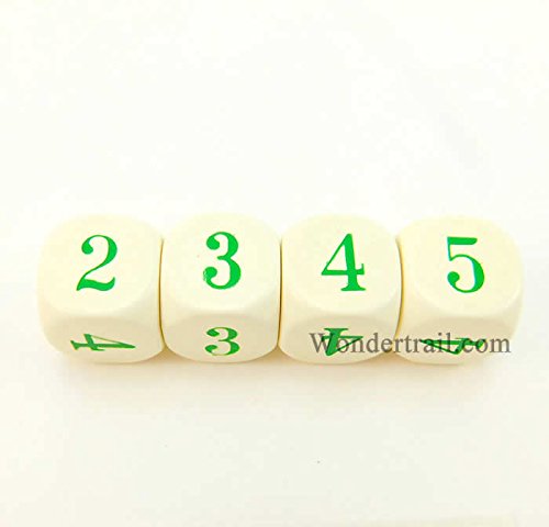 Wondertrail Ivory Opaque Dice with Green Numbers D6 Averaging Dice (2-3-3-4-4-5) 16mm (5/8in) Pack of 4