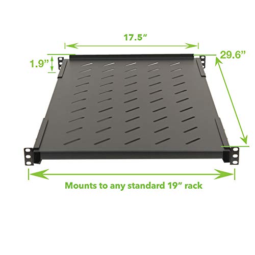 NavePoint Vented 4-Post Shelf, Adjustable, Black, 750 mm Depth, 1U, 242 lbs, Cold Rolled Steel, CE Compliant