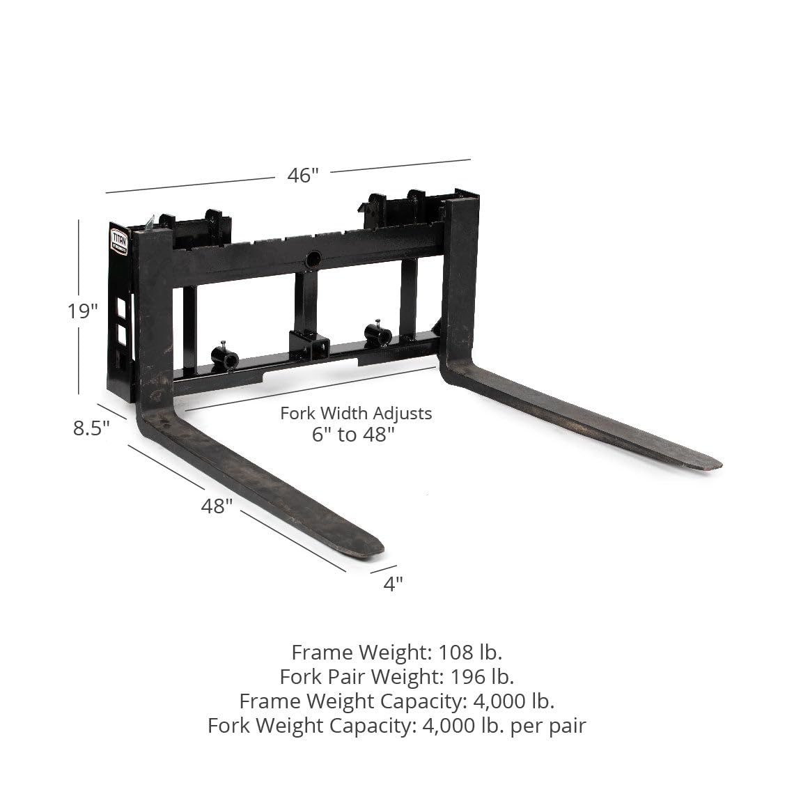 Titan Attachments 45" Skid Steer Pallet Fork Frame Attachment, 48" Fork Blades, Rate 4,000 LB, Quick Tach Tractor