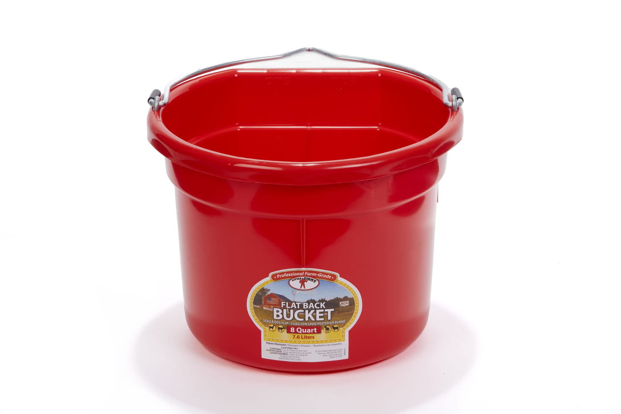 Little Giant® Flat Back Plastic Animal Feed Bucket | Animal Feed Bucket with Metal Handle | Horse Feed & Water Bucket | 8 Quarts | Red