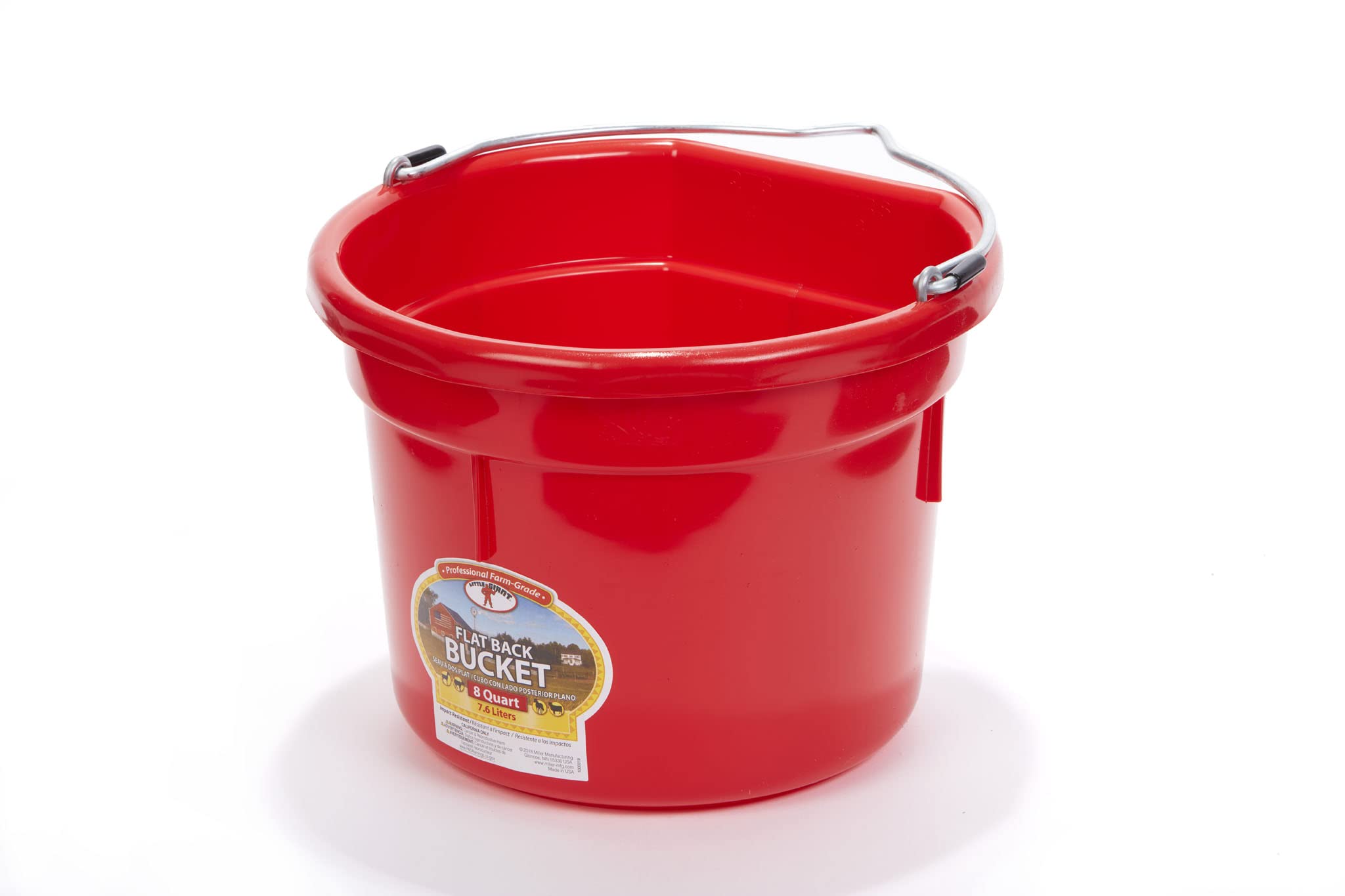 Little Giant® Flat Back Plastic Animal Feed Bucket | Animal Feed Bucket with Metal Handle | Horse Feed & Water Bucket | 8 Quarts | Red