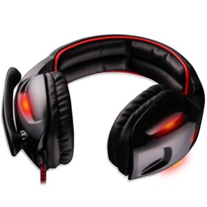 Sades SA902 7.1 Channel Virtual USB Surround Stereo Wired PC Gaming Headset Over Ear Headphones with Mic Revolution Volume Control Noise Canceling LED Light (Black/Red)