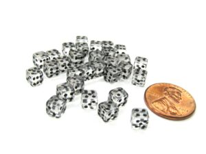 koplow games set of 30 d6 5mm transparent rounded corner dice - clear with black pips