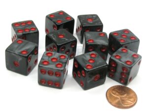 koplow games set of 10 d6 16mm marbleized square corner dice - charcoal with red pips