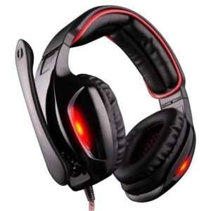 Sades SA902 7.1 Channel Virtual USB Surround Stereo Wired PC Gaming Headset Over Ear Headphones with Mic Revolution Volume Control Noise Canceling LED Light (Black/Red)