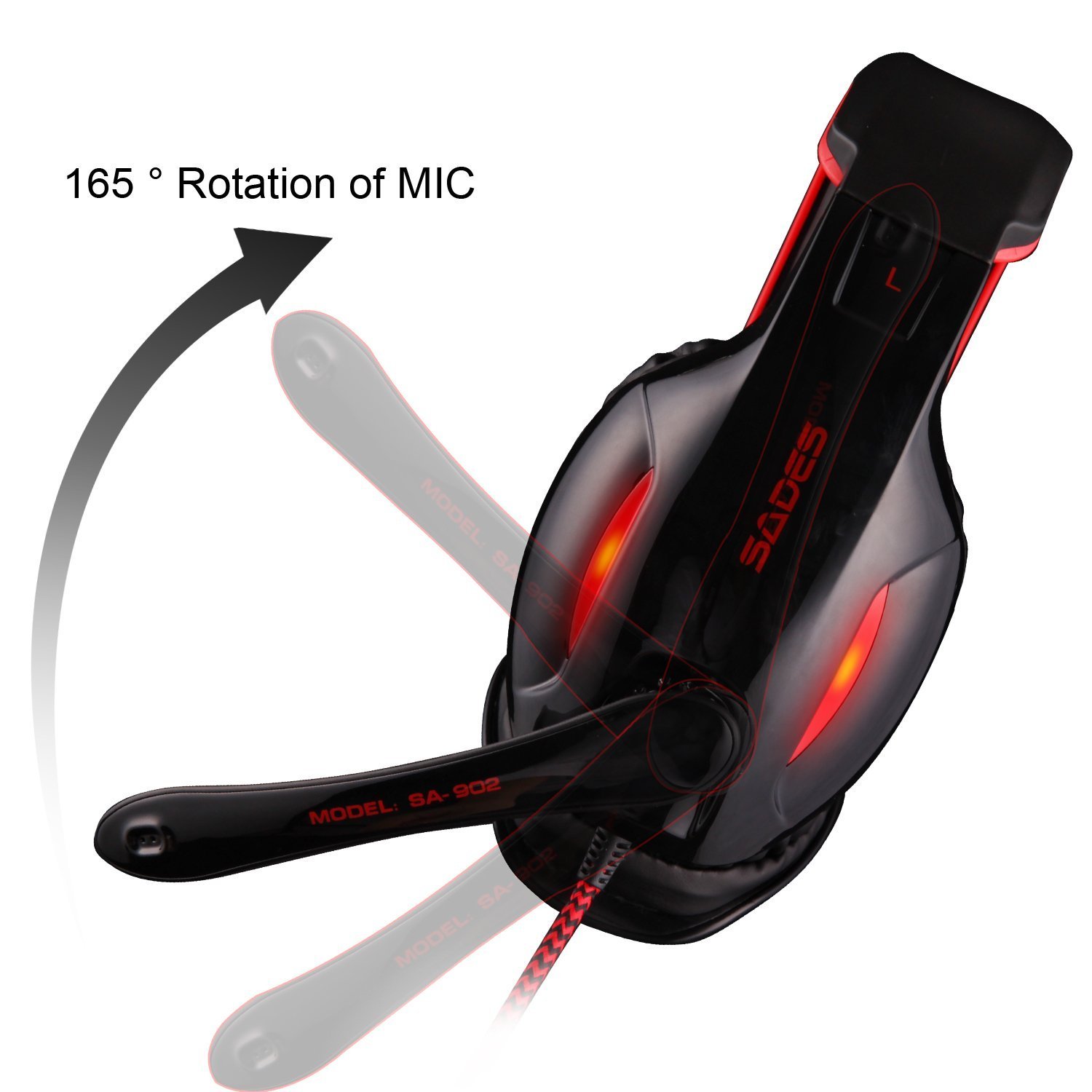 Sades SA902 7.1 Channel Virtual USB Surround Stereo Wired PC Gaming Headset Over Ear Headphones with Mic Revolution Volume Control Noise Canceling LED Light (Black/Red)