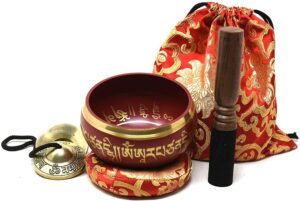 5.25 inch tibetan meditation yoga singing bowl set with free wooden mallet cushion om tingsha cymbals from nepal, singing bowls.