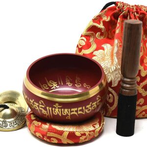 5.25 Inch Tibetan Meditation Yoga Singing Bowl Set with free wooden Mallet Cushion Om Tingsha Cymbals from Nepal, Singing bowls.