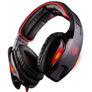 Sades SA902 7.1 Channel Virtual USB Surround Stereo Wired PC Gaming Headset Over Ear Headphones with Mic Revolution Volume Control Noise Canceling LED Light (Black/Red)