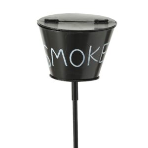 outdoor smoke ashtray, lidded bucket on stake with prong post, garden style, black lacquered iron, 6 x 6 x 43 1/4 inches (15 x 15 x 110 cm)