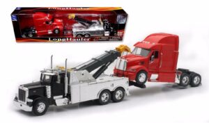 new ray ss-12053 toys 1: 32 scale peterbilt tow truck with red peterbilt cab semi truck