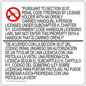 compliancesigns.com texas 30.07 concealed carry bilingual sign, 24x24 inch aluminum for alcohol/drugs/weapons, made in usa