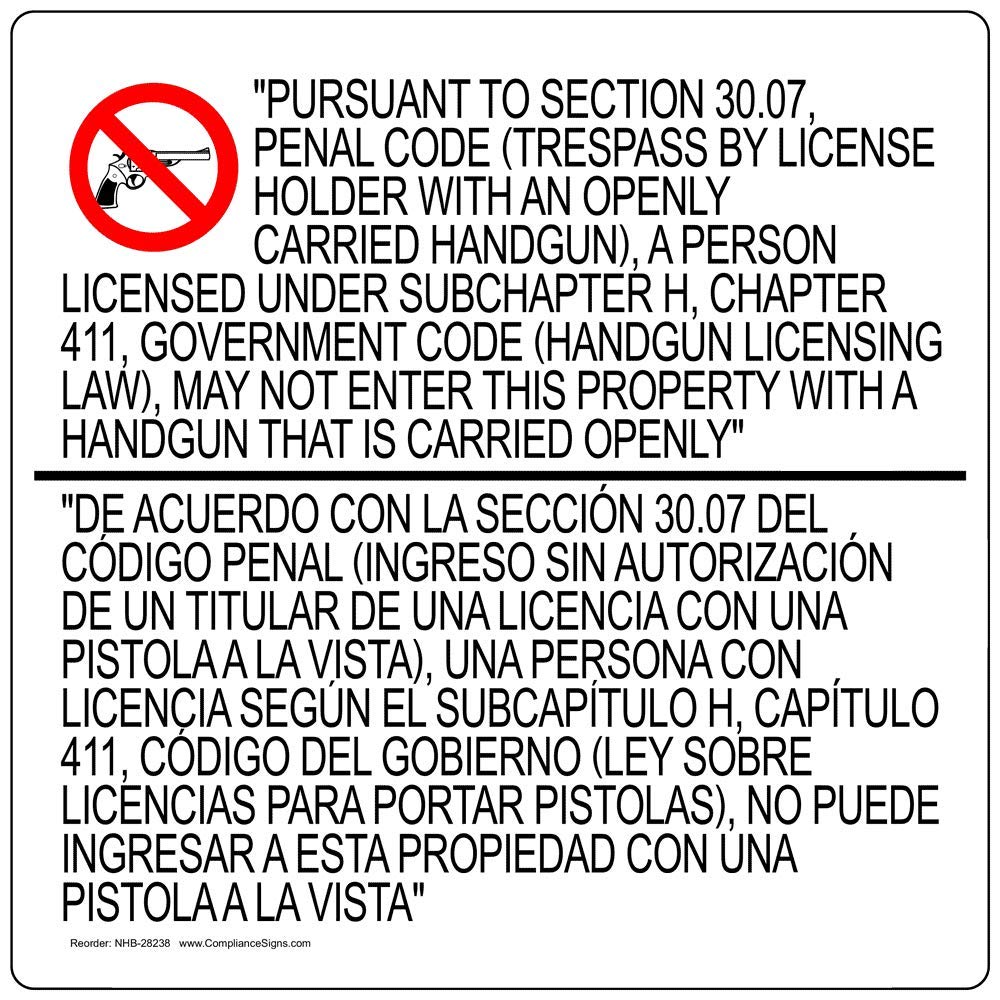 ComplianceSigns.com Texas 30.07 Concealed Carry Bilingual Sign, 24x24 inch Aluminum for Alcohol/Drugs/Weapons, Made in USA