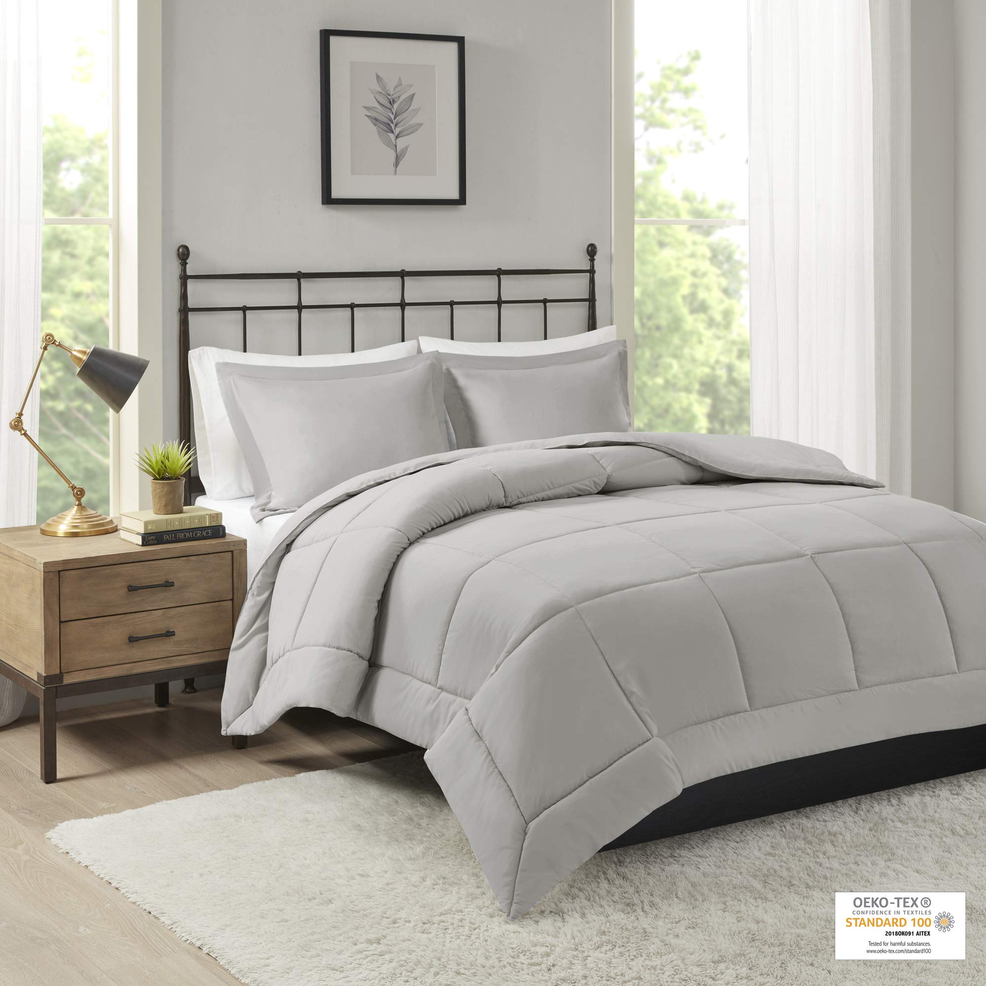 Madison Park Sarasota All Season Microcell Down Alternative Box Quilted Comforter Mini Set, Twin, Grey