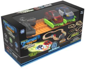 mindscope twister tracks radio control dual lane police chase glow in the dark track set with 2 cars and 2 radio controls rc