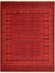 unique loom tekke collection over-dyed saturated traditional torkaman area rug, 9 x 12 ft, red/black