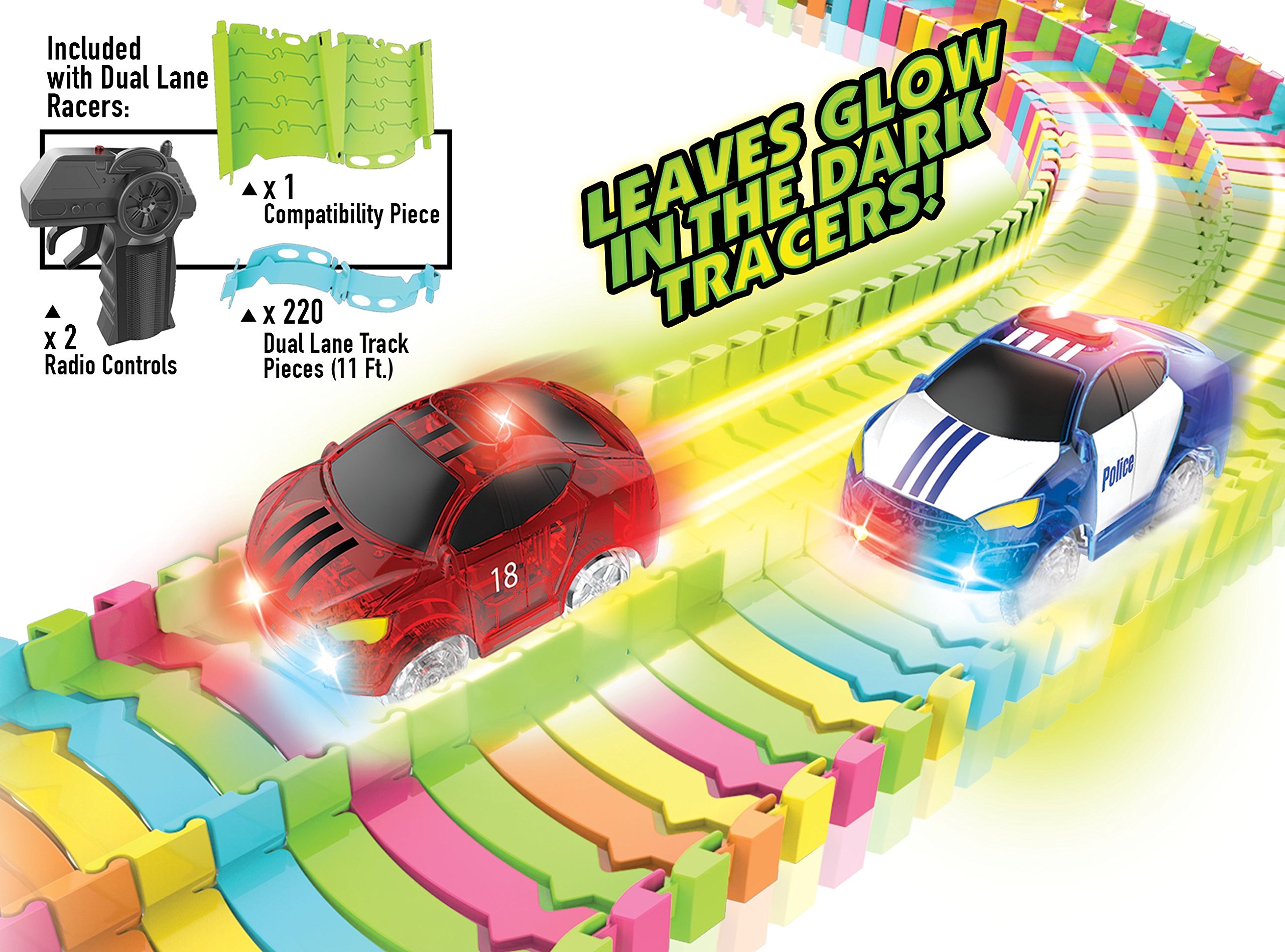 Mindscope Twister Tracks Radio Control Dual Lane Police Chase Glow in The Dark Track Set with 2 Cars and 2 Radio Controls RC