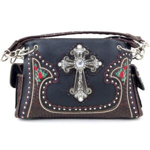 justin west rhinestone cross embroidery flowers leather weave pattern concealed carry handbag purse (black)