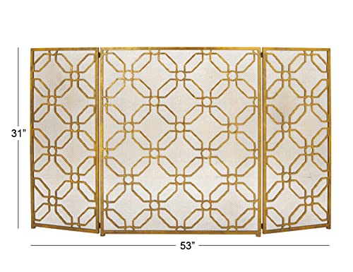 Deco 79 Metal Geometric Foldable Mesh Netting 3 Panel Fireplace Screen, 53" x 1" x 31", Gold