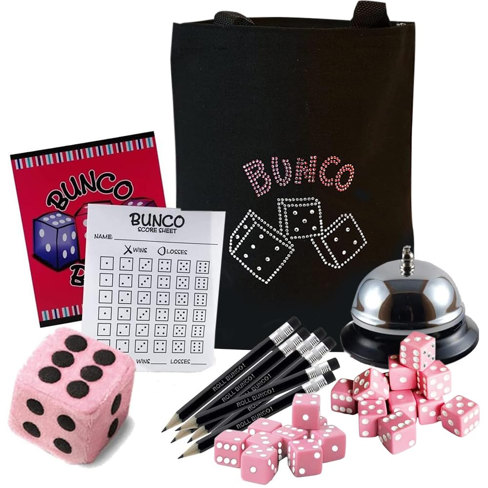 Bunco Game Kit with Crystal Tote Bag - Includes 9 Pink Dice, Bunco Score Sheets, Pencils, Bell, & 3 Inch Plush Dice - All of The Bunco Party Supplies You Need!