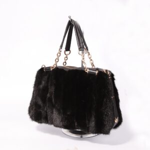 URSFUR Women Winter Genuine Mink Handbag with Leather Handle Bag Purse