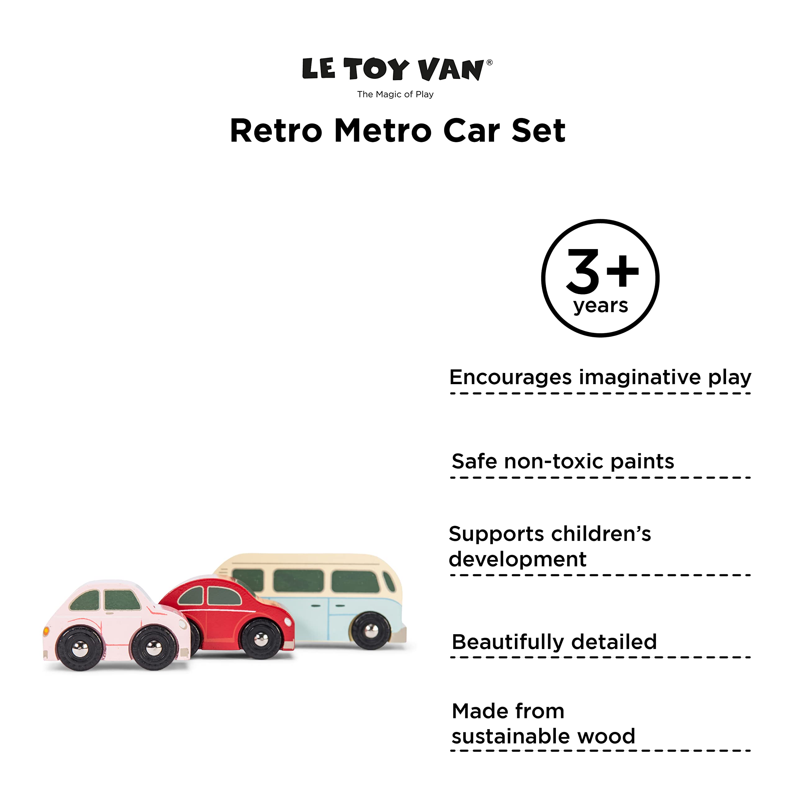 Le Toy Van - Cars & Construction Wooden Retro Metro Car Set Car Toy Play Set - Set 3 Cars | Boys Play Vehicle Kids Role Play Toys - Suitable for 3 Year Old + (TV463)