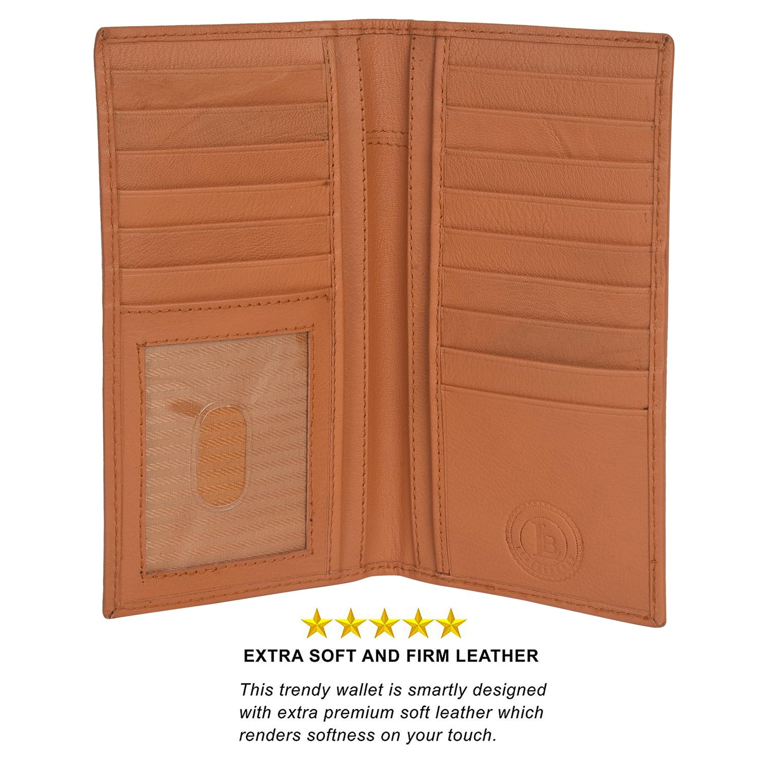 Leatherboss Men's Genuine Leather Long Bifold Wallet | Card Holder Clutch with 6 Card Slots, ID Window, Cash & Checkbook Compartment (Tan)