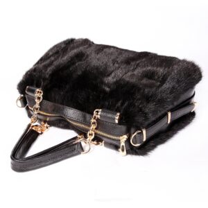 URSFUR Women Winter Genuine Mink Handbag with Leather Handle Bag Purse