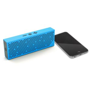 jlab crasher slim wireless bluetooth speaker | multi-room party stereo | bluetooth 2.1 | 18 hour battery life | water resistant & dust resistant| usb + aux backup available | blue