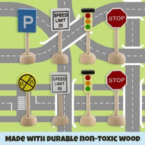 Attatoy Kids Wooden Street Signs Playset (14-Piece Set), Wood Traffic Signs Perfect for Car & Train Set