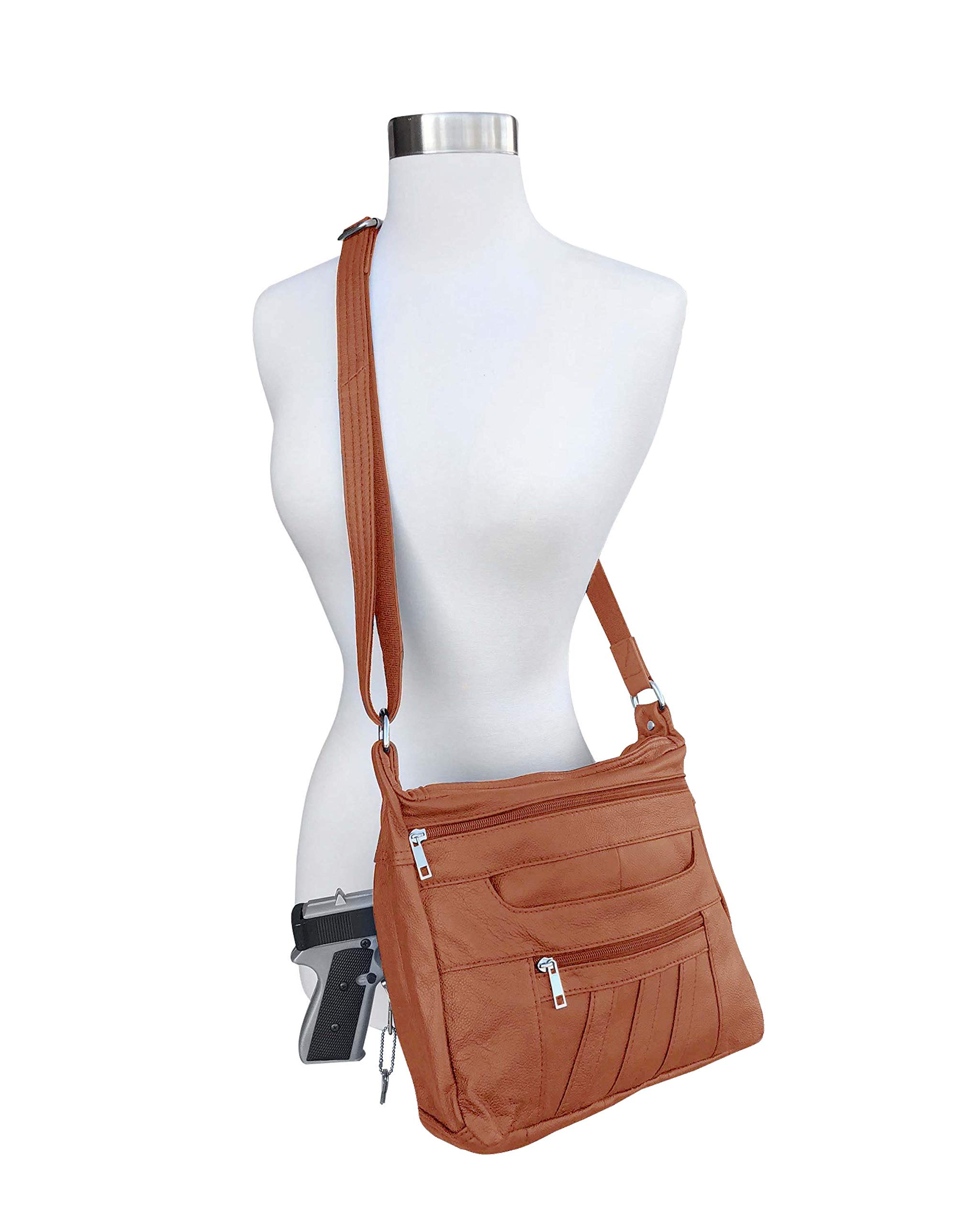 Leather Concealed Carry Crossbody Purse - YKK Locking CCW Ambidextrous Gun Bag Roma 7082, Light Brown One Size