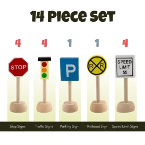 Attatoy Kids Wooden Street Signs Playset (14-Piece Set), Wood Traffic Signs Perfect for Car & Train Set