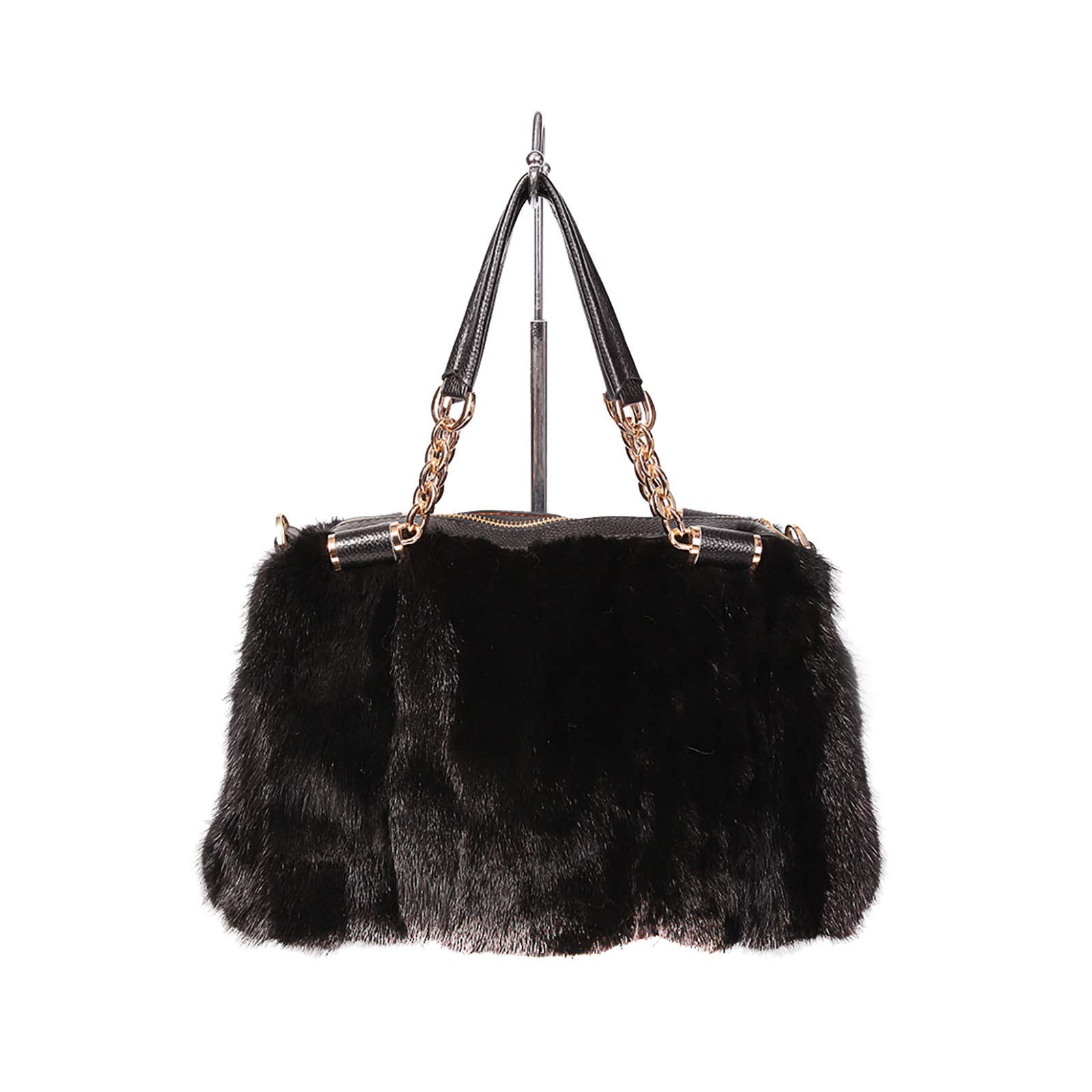 URSFUR Women Winter Genuine Mink Handbag with Leather Handle Bag Purse