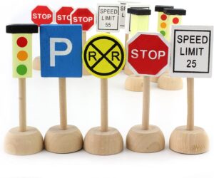 attatoy kids wooden street signs playset (14-piece set), wood traffic signs perfect for car & train set