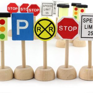 Attatoy Kids Wooden Street Signs Playset (14-Piece Set), Wood Traffic Signs Perfect for Car & Train Set