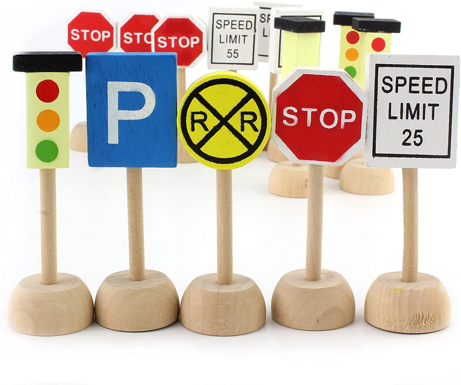 Attatoy Kids Wooden Street Signs Playset (14-Piece Set), Wood Traffic Signs Perfect for Car & Train Set